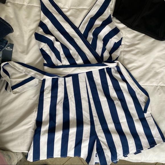 SHEIN | Pants & Jumpsuits | Shein White And Blue Striped Romper | Poshmark